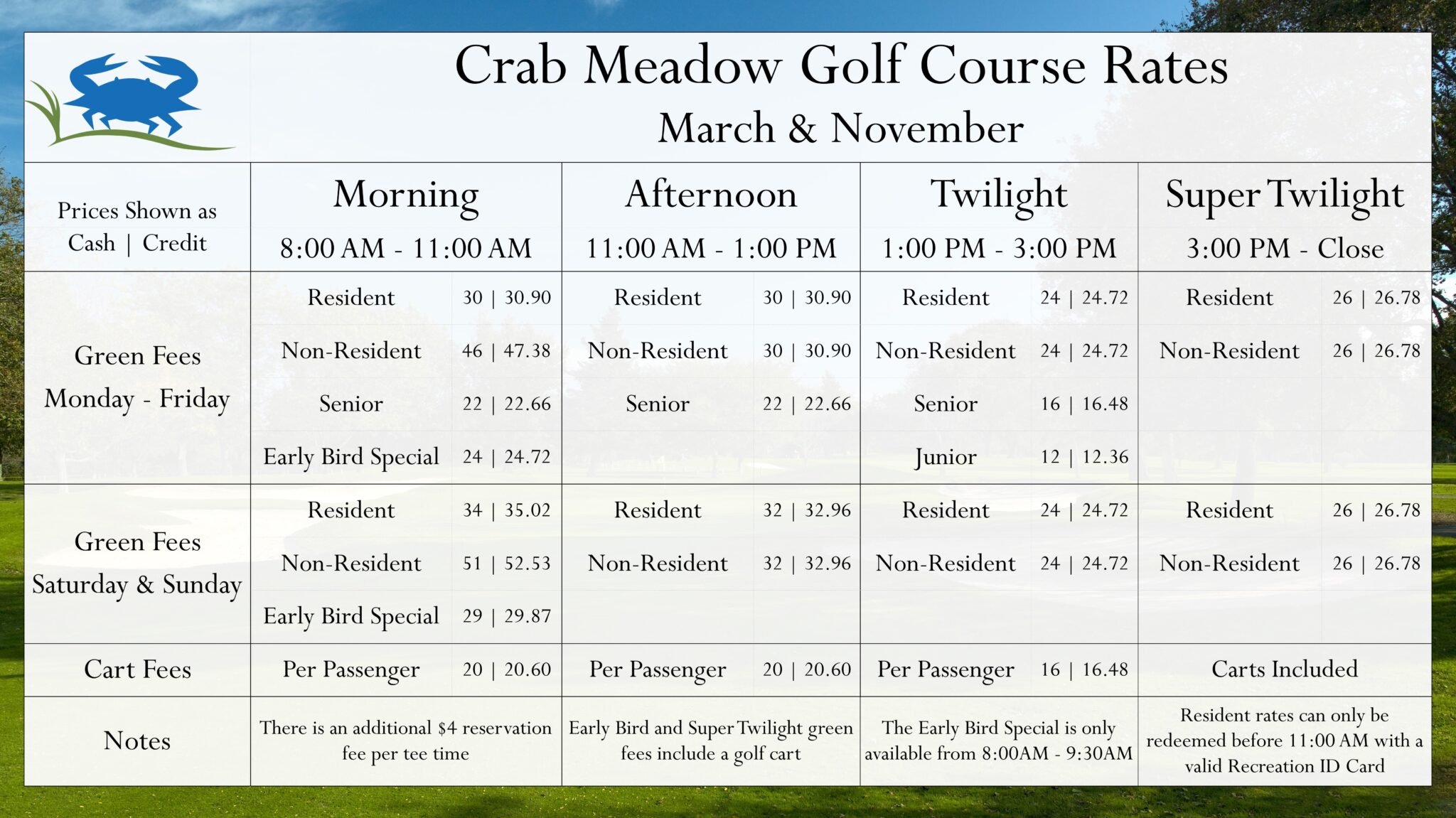 Course Rates - Crab Meadow Golf Course - Northport, NY